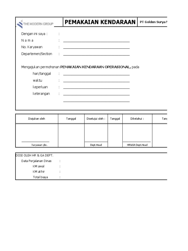 Formulir Pengajuan Kendaraan Operasional | PDF