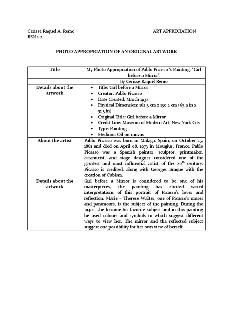 Photo Appropriation of An Original Artwork | PDF | Pablo Picasso ...