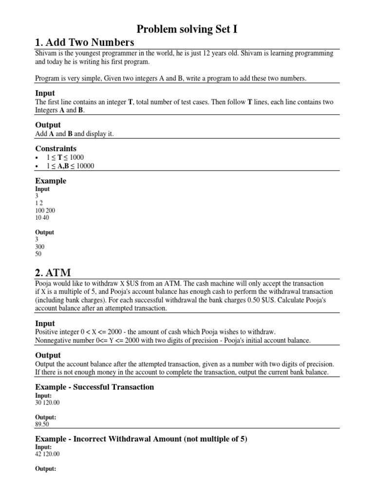 Problem Solving Set I | PDF | Numbers | Automated Teller Machine