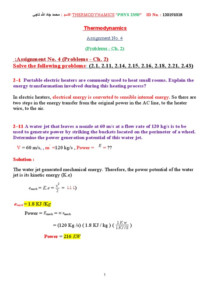 Assignment No. 4 (Problems - Ch. 2) :: Solve The Following Problems | PDF | Heat | Energy Technology