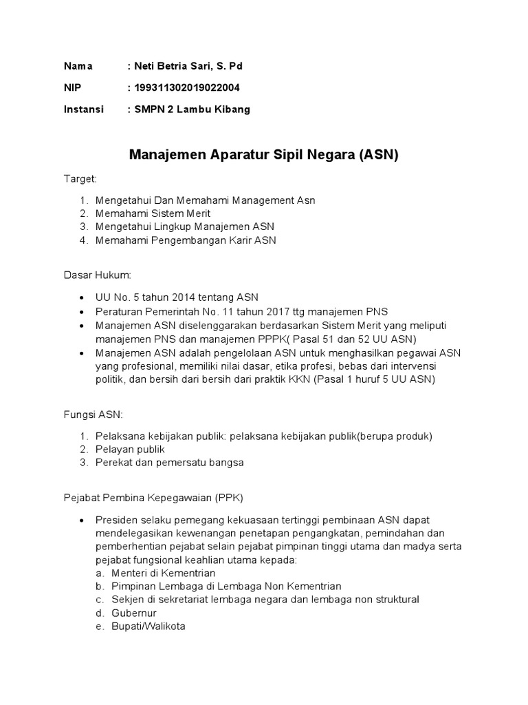 RESUME MATERI MANAJEMEN ASN (Neti Betria Sari) | PDF