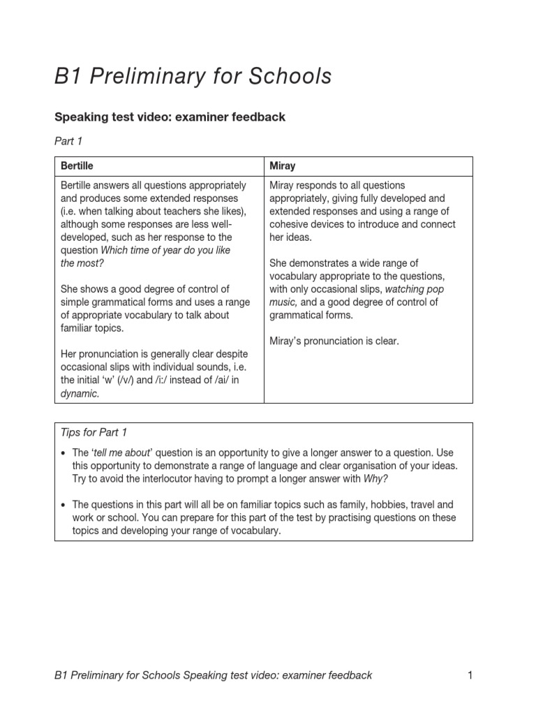 B1 Preliminary For Schools - Speaking Test - Examiner Feedback | PDF ...