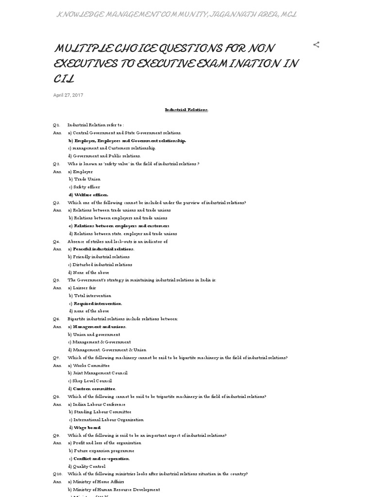 Multiple Choice Questions For Non Executives To Executive Examination ...
