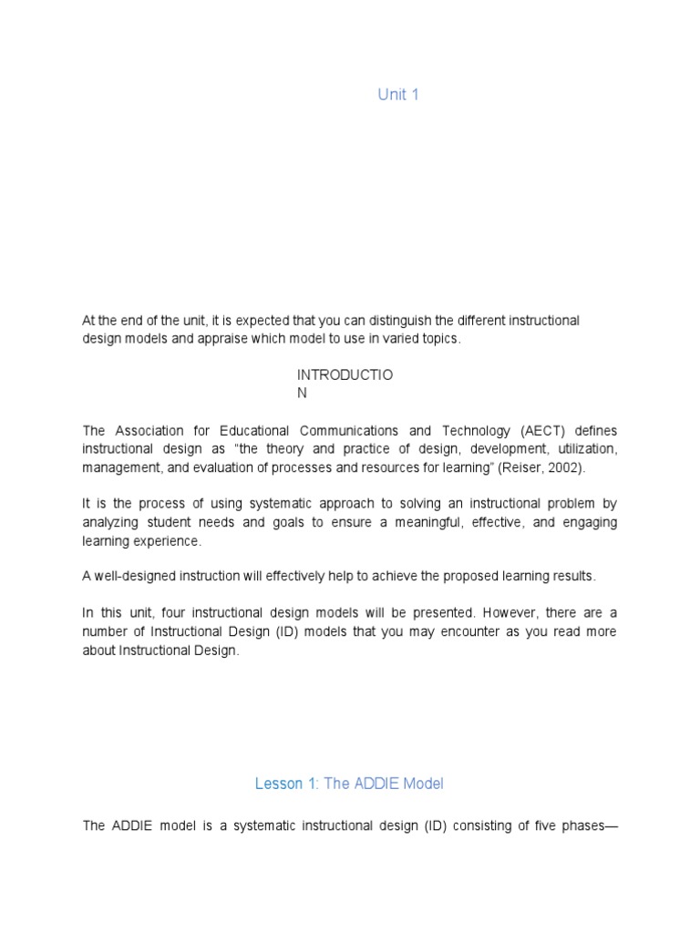 Lesson 1 - The ADDIE Model | PDF | Instructional Design | Applied ...