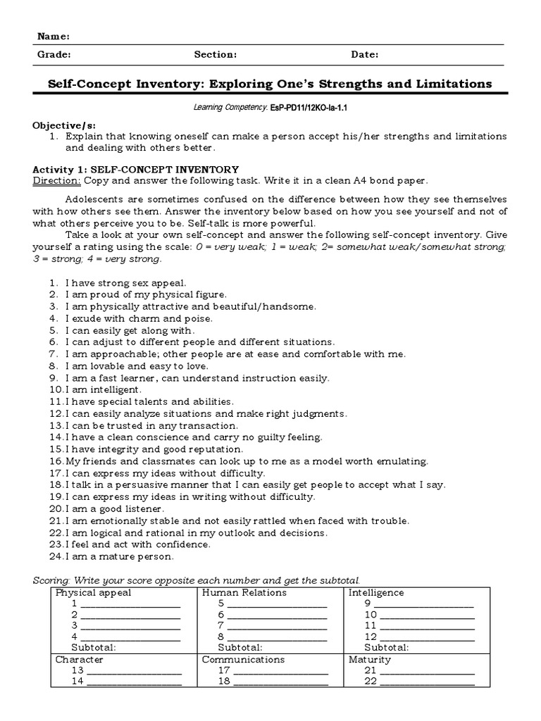 1 - Self-Concept Inventory | PDF | Self | Self Concept