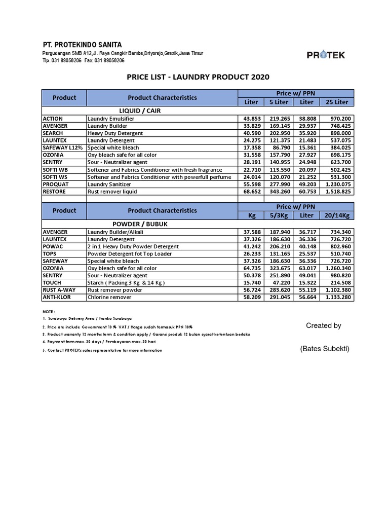 PRICE LIST 2020 Laundry | PDF | Products Of Chemical Industry | Laundry