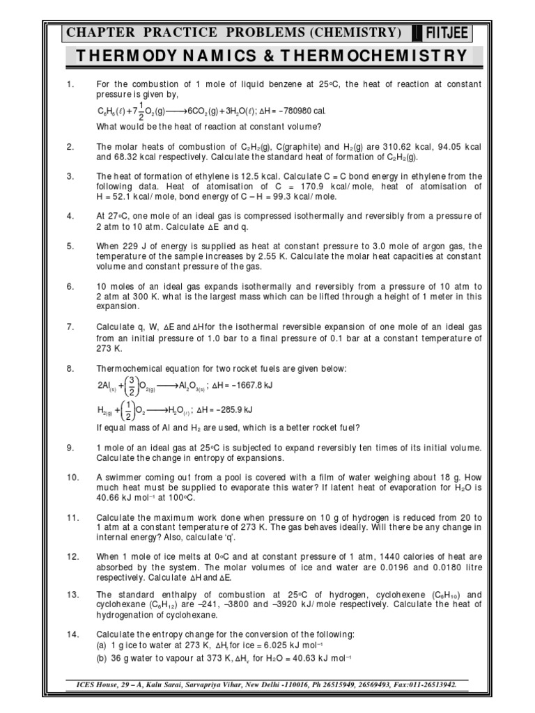 Thermodynamics & Thermochemistry: Chapter Practice Problems | PDF ...