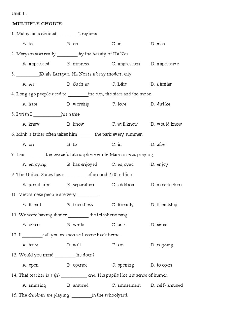 Unit 1 - Multiple Choice | PDF | Clothing | Nature