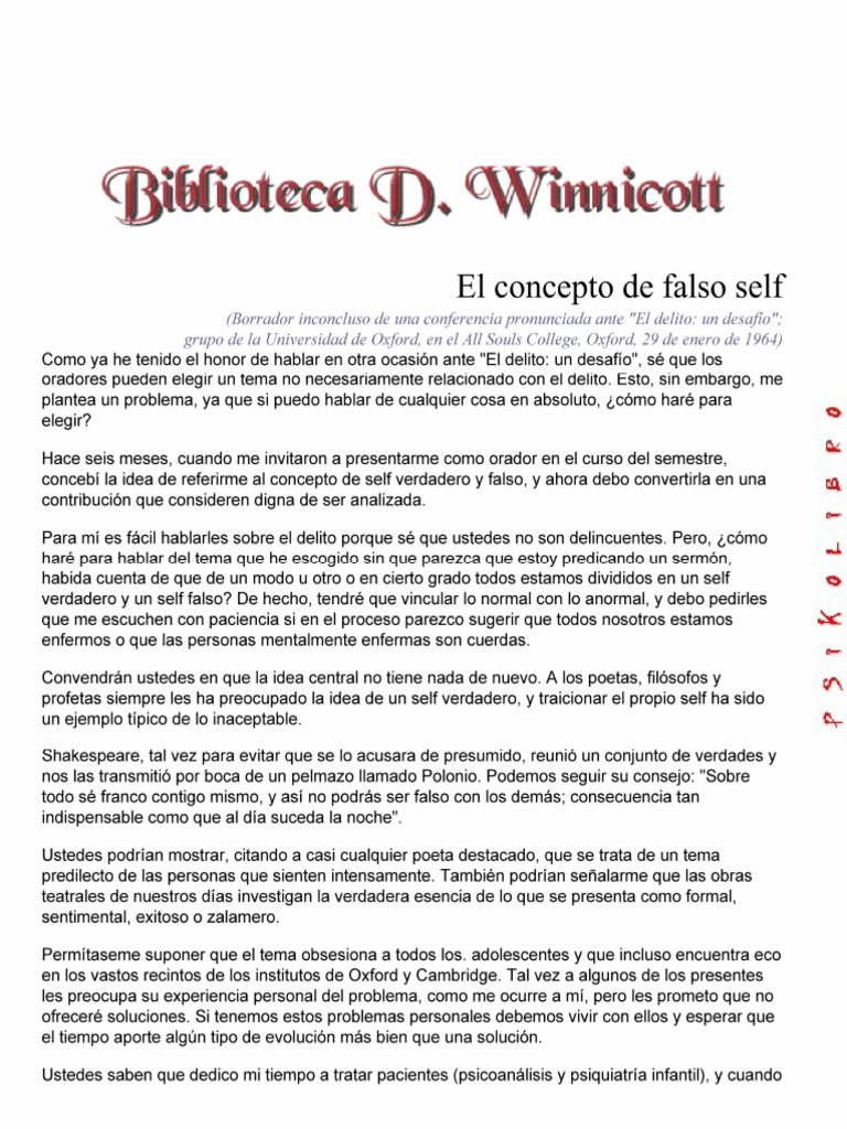Winnicott - El Concepto de Falso Self (Borrador Inconcluso) | PDF ...