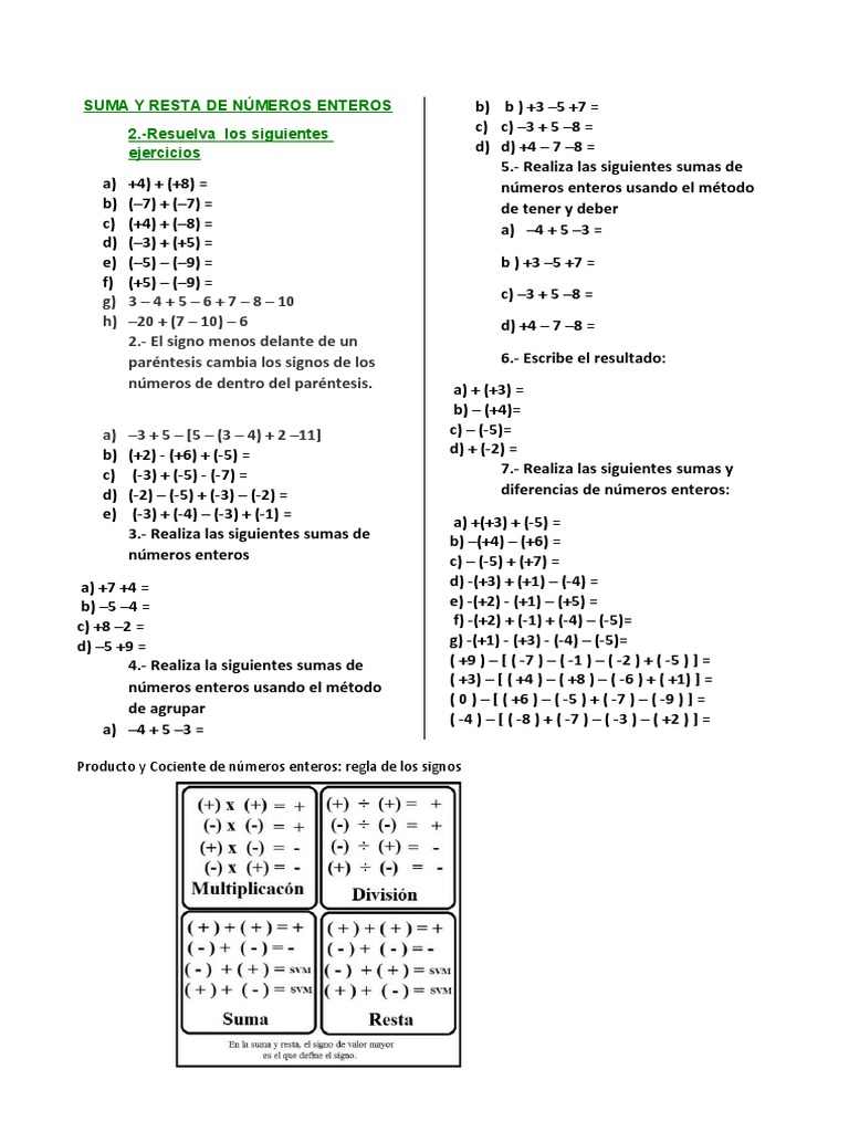 Suma y Resta de Números Enteros | PDF | Sustracción | Entero
