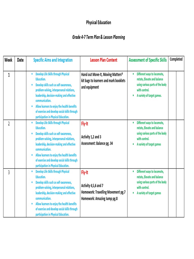 Specific Aims and Integration: Physical Education Grade 4-7 Term Plan ...