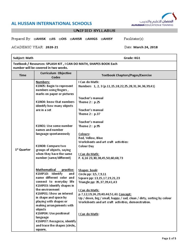 Al Hussan International Schools: Unified Syllabus | PDF | Shape | Color