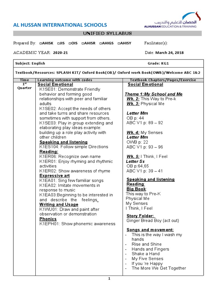 Al Hussan International Schools: Unified Syllabus | PDF | Phonics