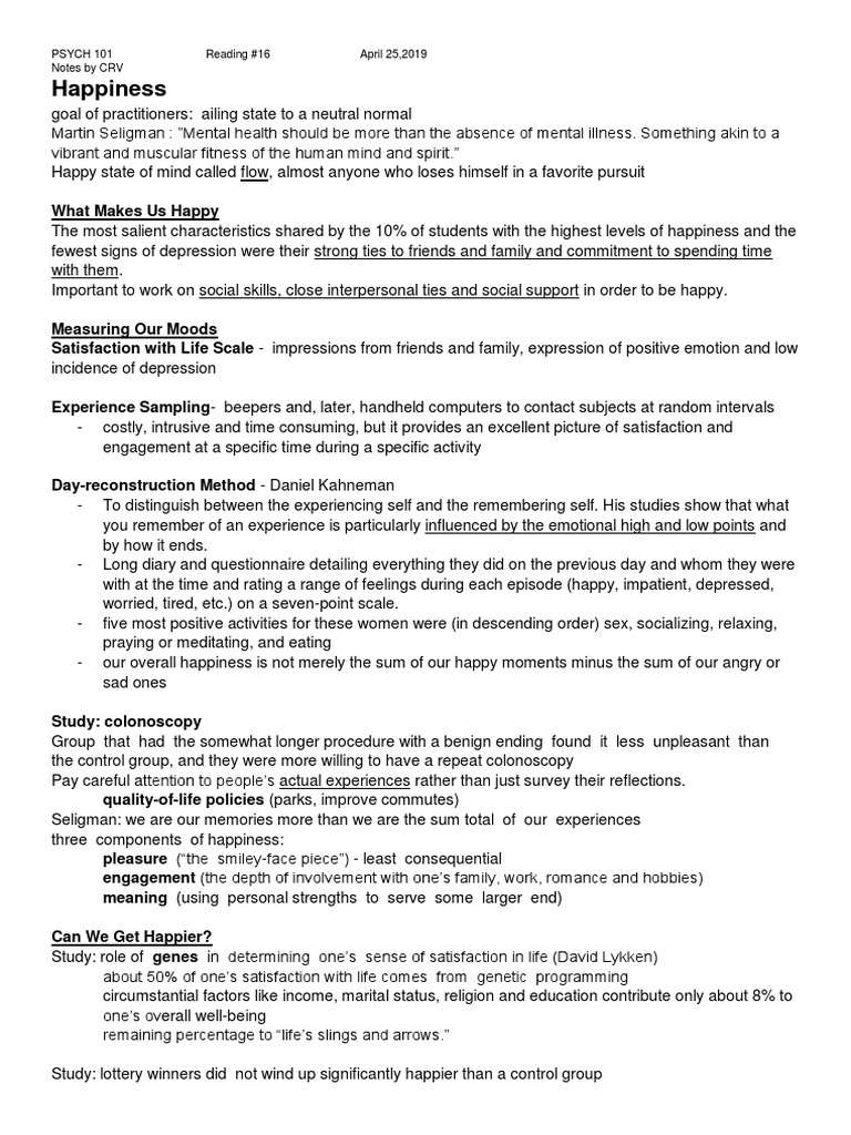 Happiness: PSYCH 101 Reading #16 April 25,2019 Notes by CRV | Download ...