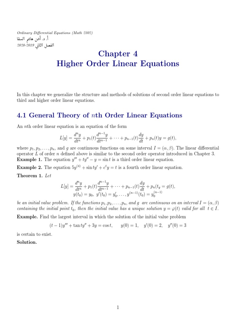 4.1 General Theory of NTH Order Linear Equations | Download Free PDF ...