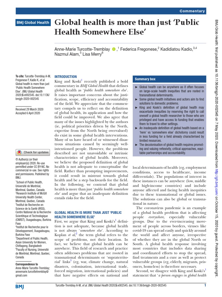 Global Health Is More Than Just Public Health Somewhere Else' | PDF ...