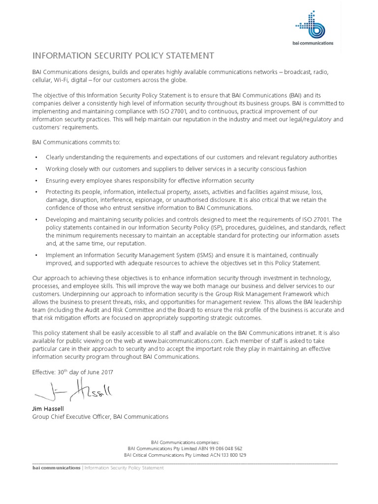 Information Security Policy Statement: Jim Hassell | PDF | Information ...