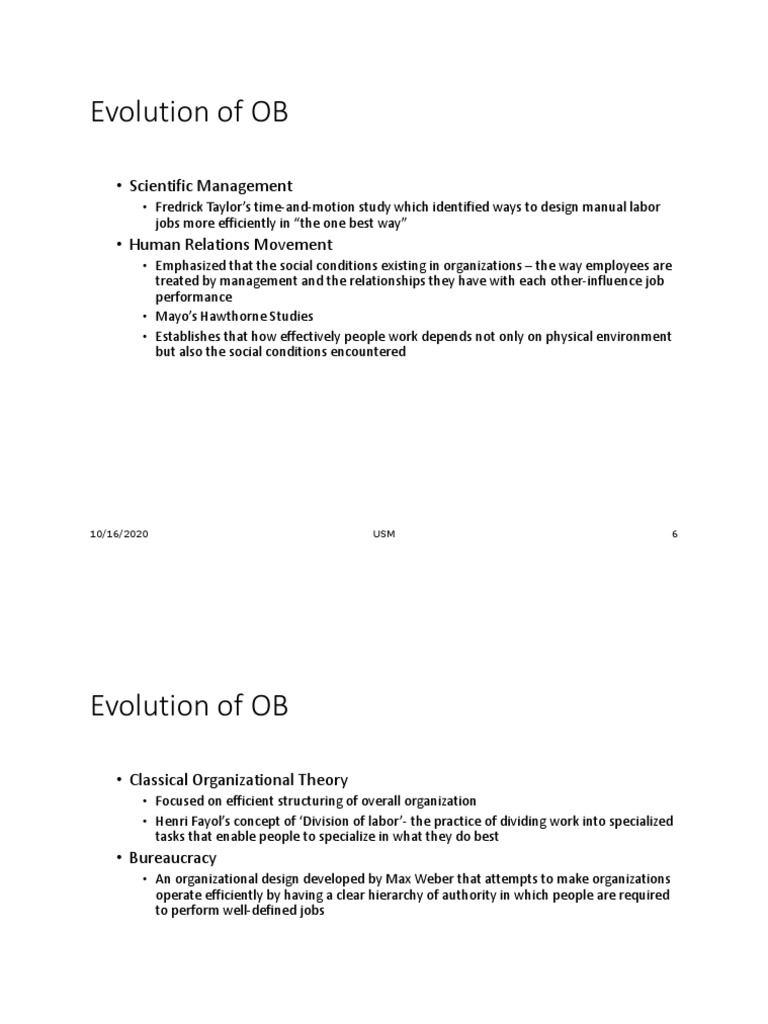 Evolution of OB: Scientific Management to Bureaucracy | PDF