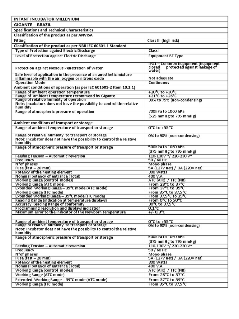 Technical Specification GIGANTE - Infant Incubator MILLENIUM New2 PDF ...