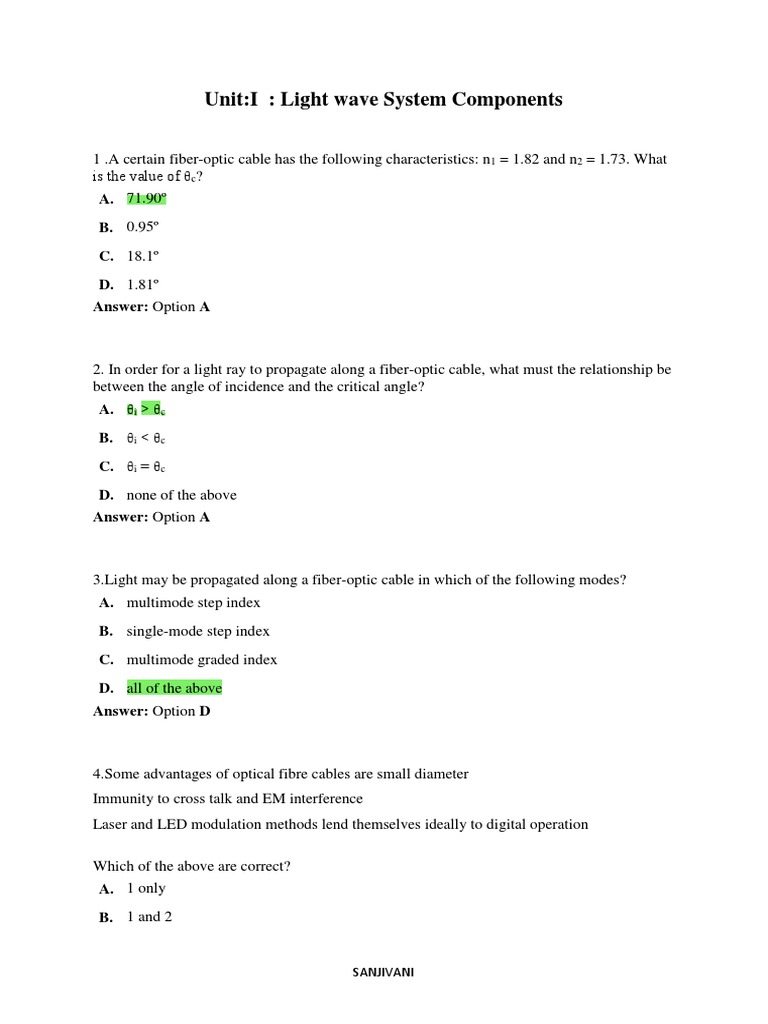 Unit:I: Light Wave System Components: A. B. C. D. Answer: Option A | PDF | Optical Fiber ...