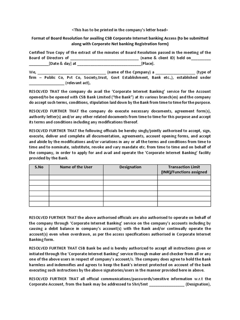 Board Resolution Sample Format | PDF | Online Banking | Banks & Banking