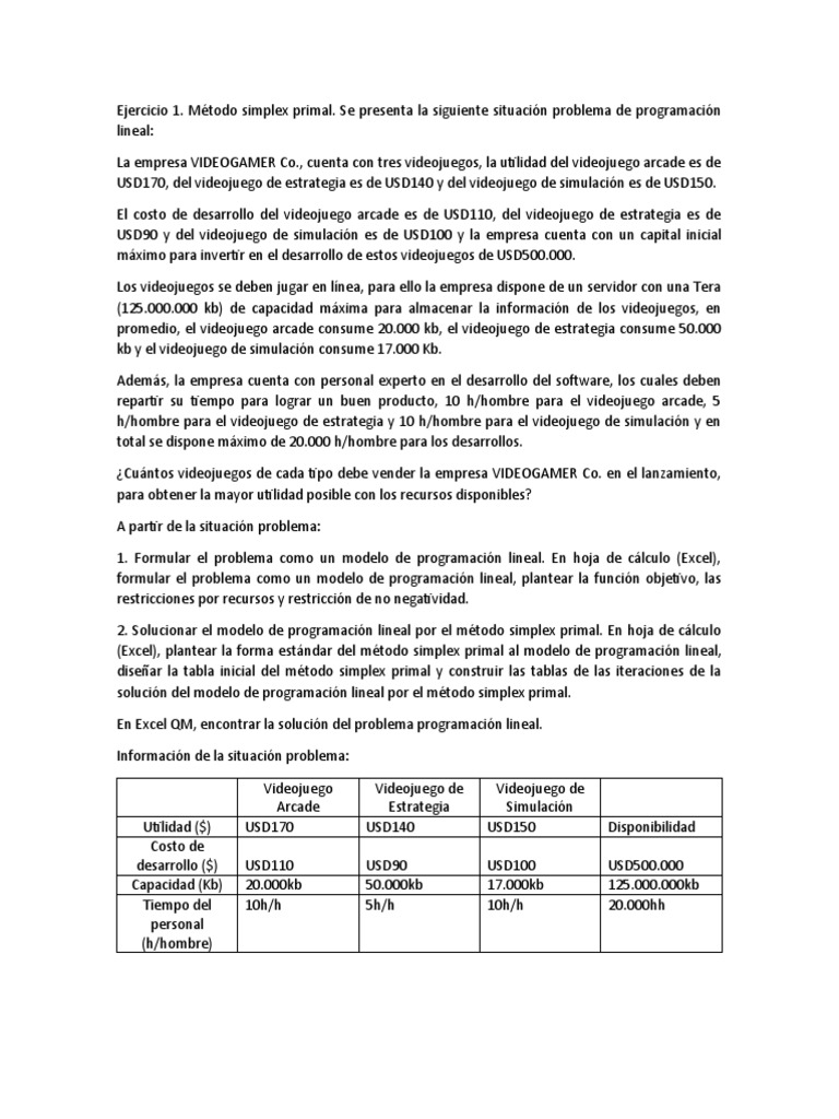 Ejercicio 1. Método Simplex Primal AndresAriza | PDF | Programación lineal | Videojuegos