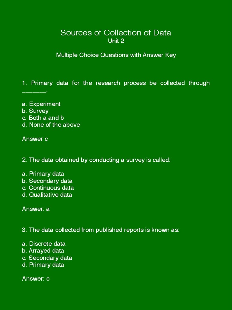 MCQs Unit 2 Sources of Collection of Data | PDF | Survey Methodology | Data