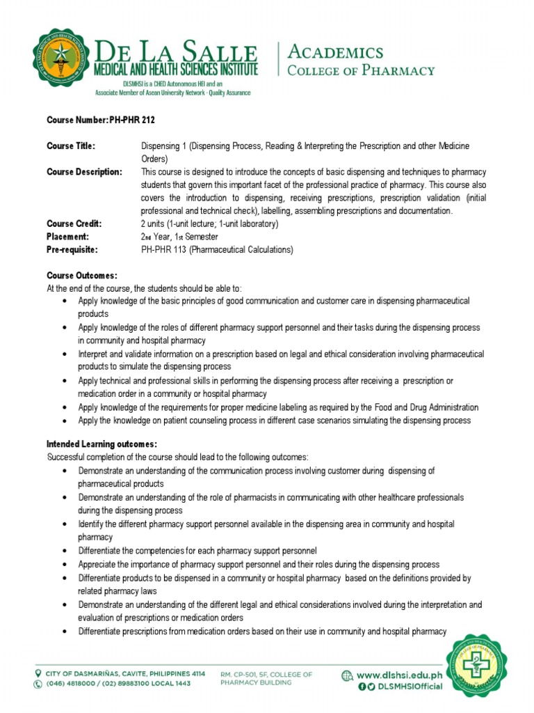 PH-PHR 212 Dispensing 1 Course Outline and Syllabus FS 2020-2021 | PDF ...