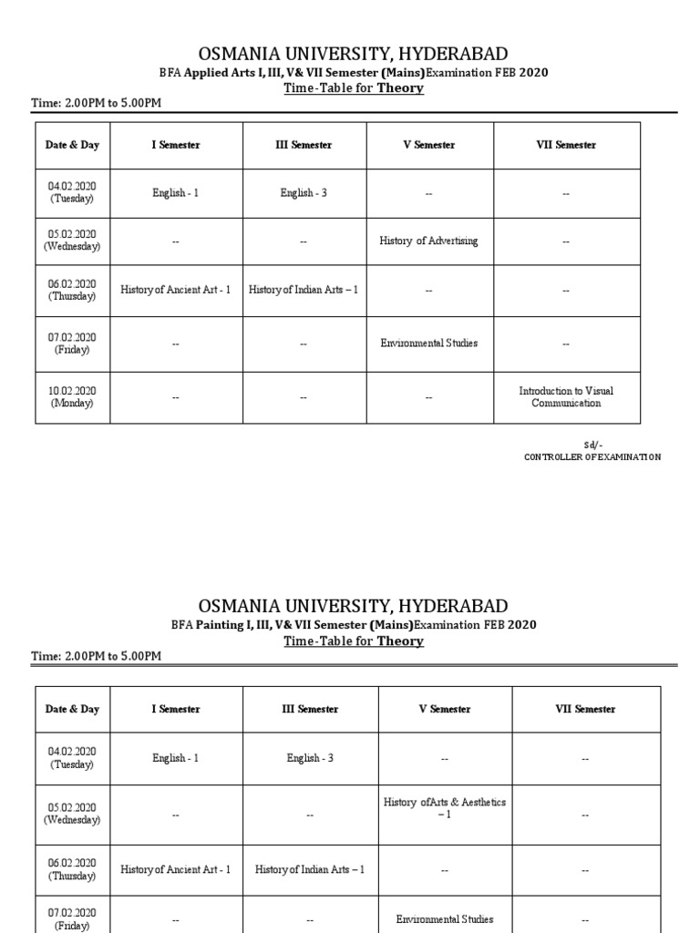 Osmania University, Hyderabad: Time-Table For Theory | Download Free ...