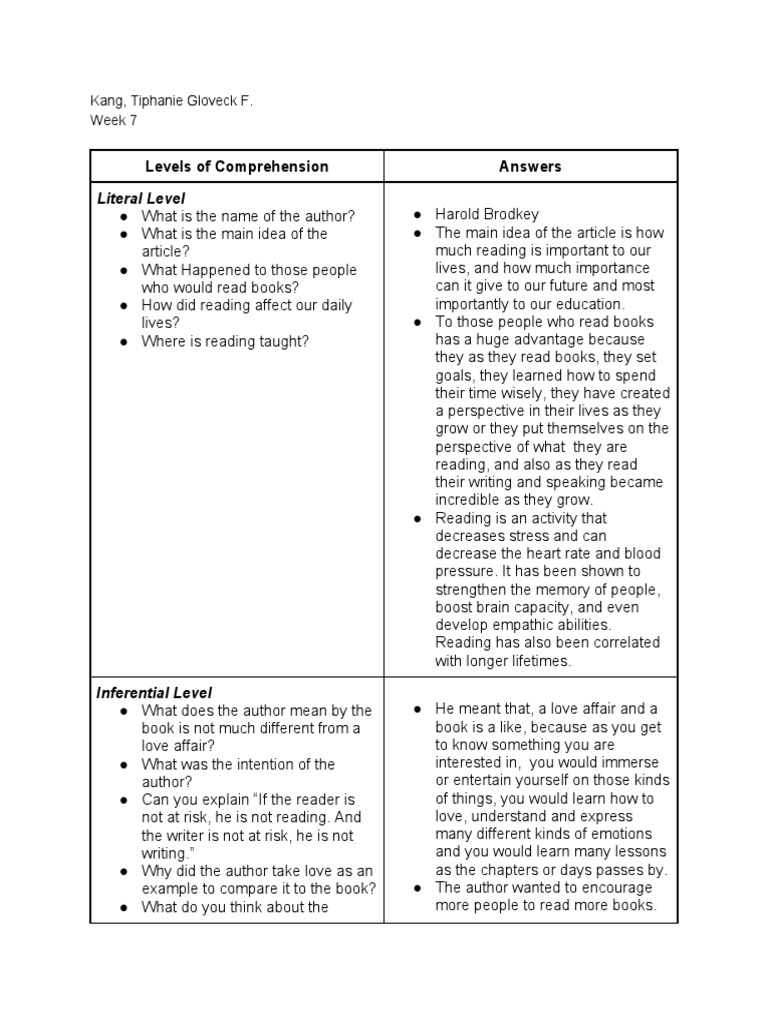 Levels of Comprehension Answers: Literal Level | PDF ...