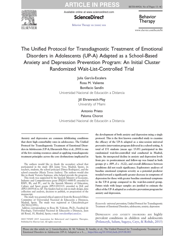 Sciencedirect: Behavior Therapy XX (XXXX) XXX | PDF | Major Depressive ...