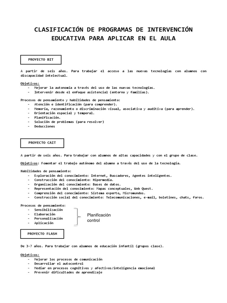 Clasificación de Programas de Intervención Educativa para Aplicar en El ...