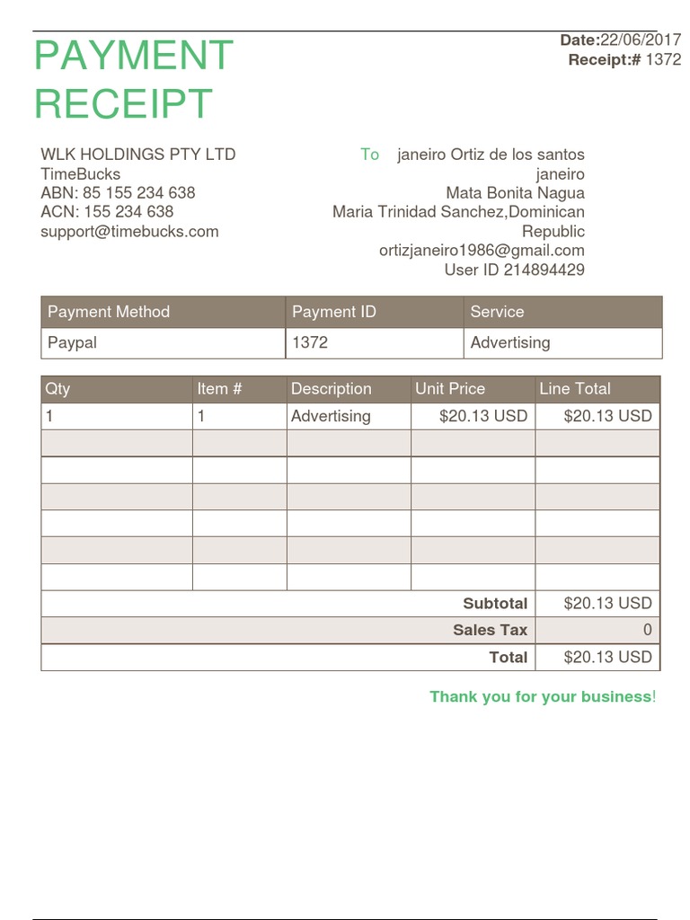 Payment Receipt: Payment Method Payment ID Service | PDF