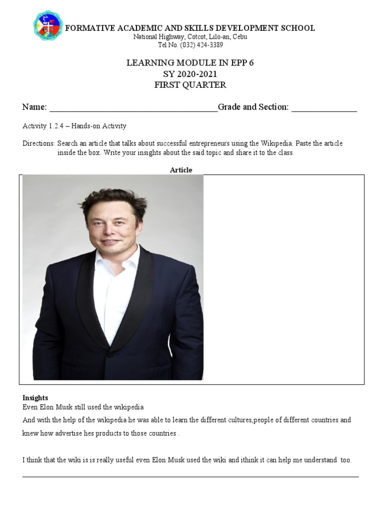 Learning Module in Epp 6 SY 2020-2021 First Quarter Name: - Grade and ...