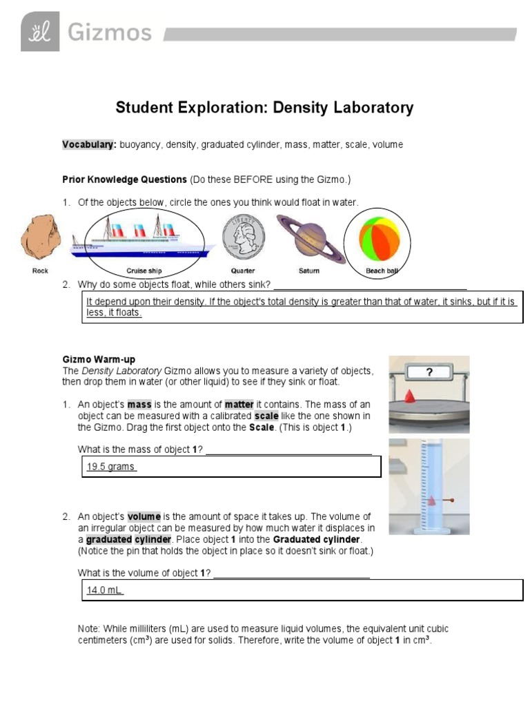Student Exploration: Density Laboratory: Vocabulary: Buoyancy, Density ... Student Exploration: Density Laboratory: Vocabulary: Buoyancy, Density ...