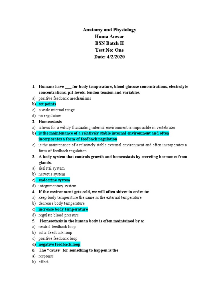 Homeostasis Test Solution | PDF | Homeostasis | Hormone