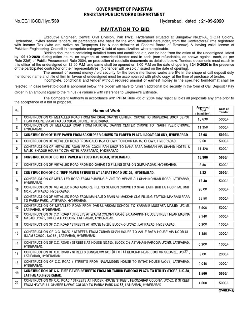 Invitation To Bid: Government of Pakistan Pakistan Public Works ...