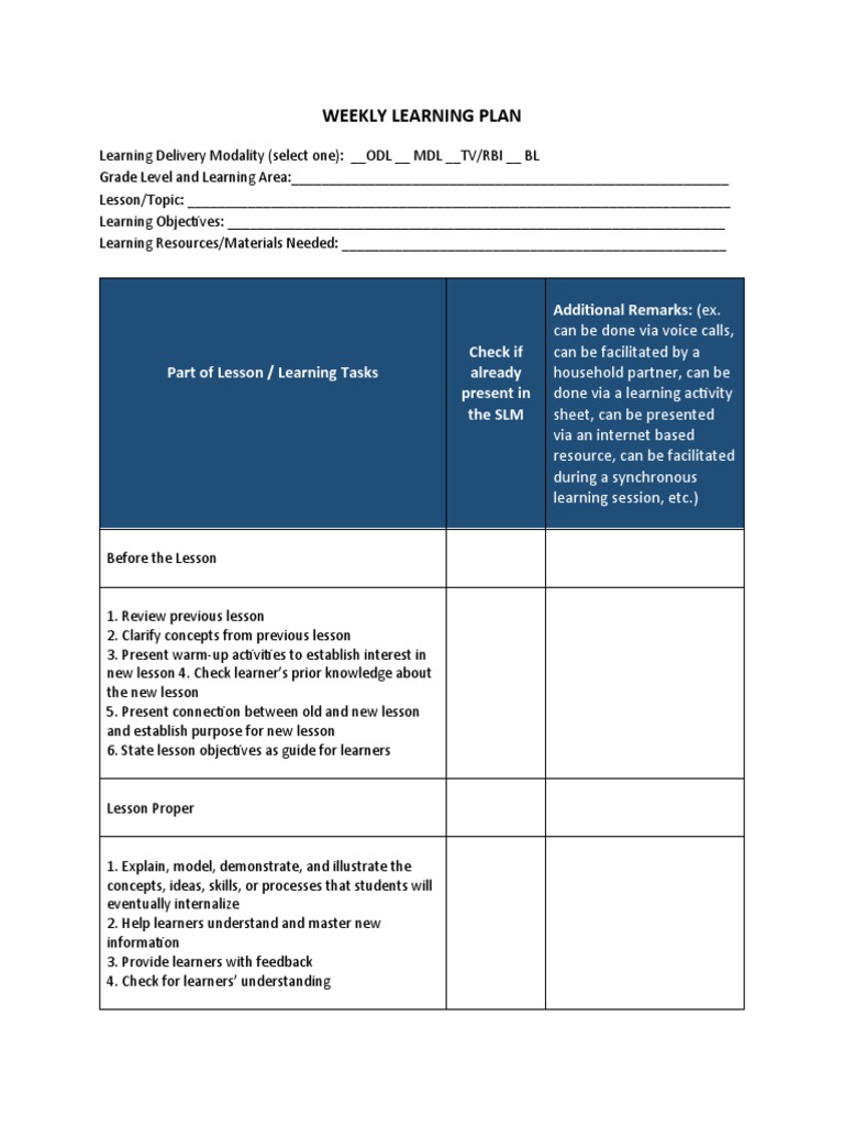 Weekly Learning Plan: Additional Remarks: (Ex | PDF