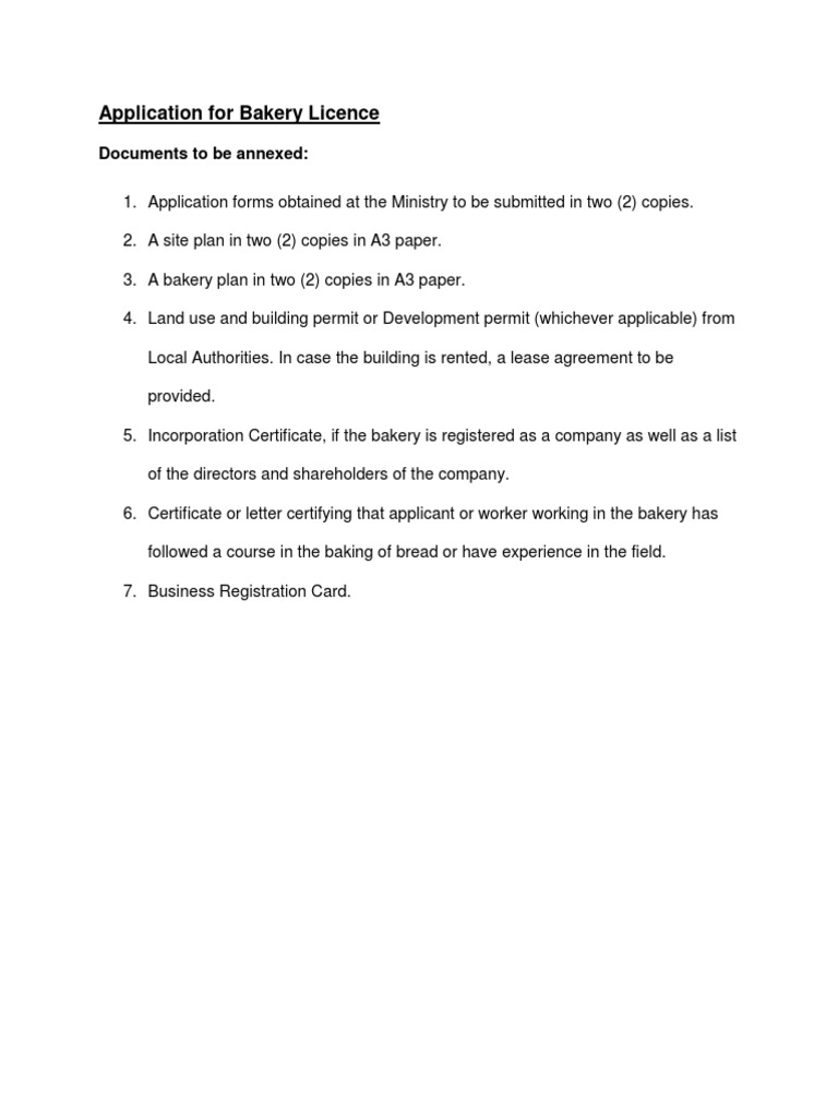 Application For Bakery Licence Documents PDF | PDF