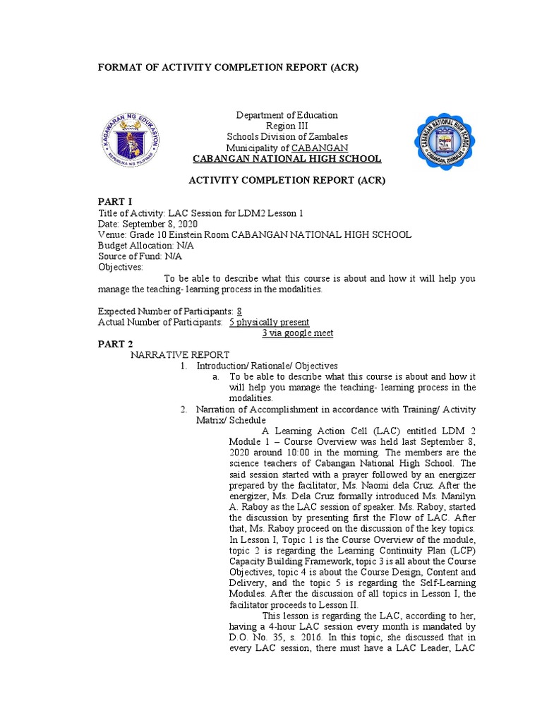 Format of Activity Completion Report (Acr) | Download Free PDF | Communication | Learning