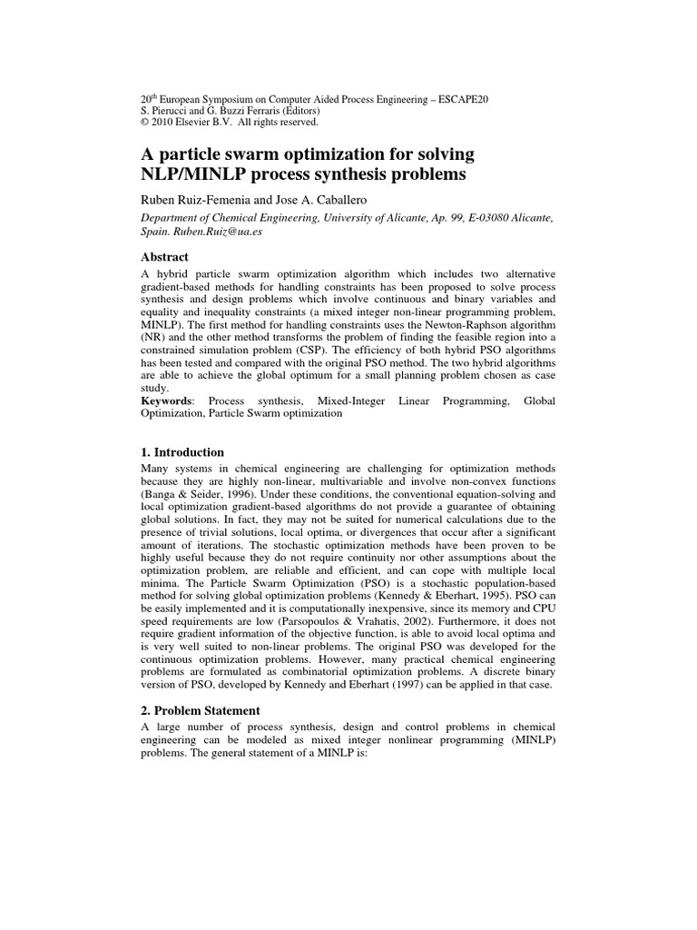 A Particle Swarm Optimization For Solving NLP/MINLP Process Synthesis Problems | Download Free ...