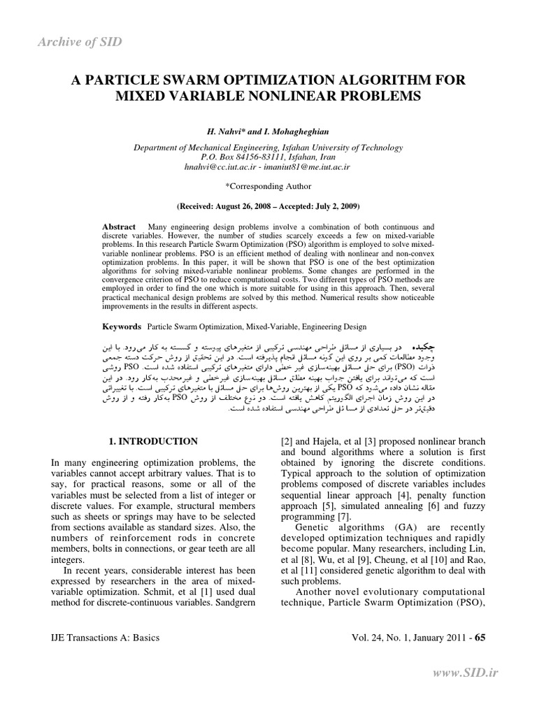A Particle Swarm Optimization Algorithm For Mixed Variable Nonlinear Problems | PDF ...