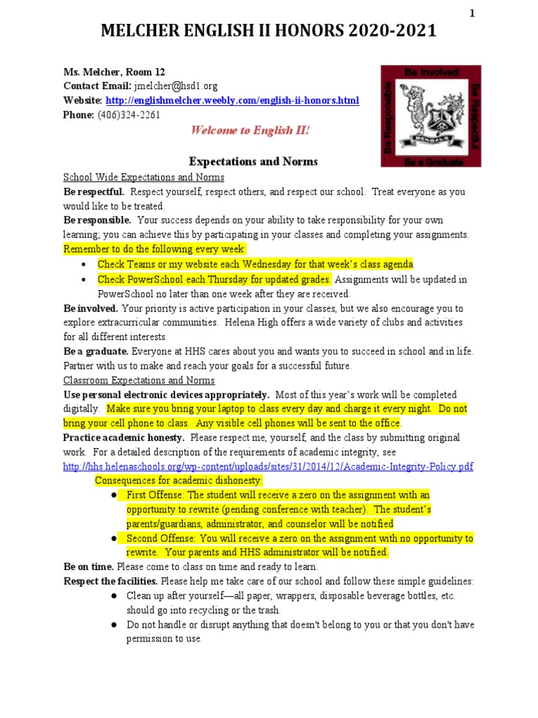 English II Honors Syllabus 20-21 | PDF | Academic Dishonesty | Human ...