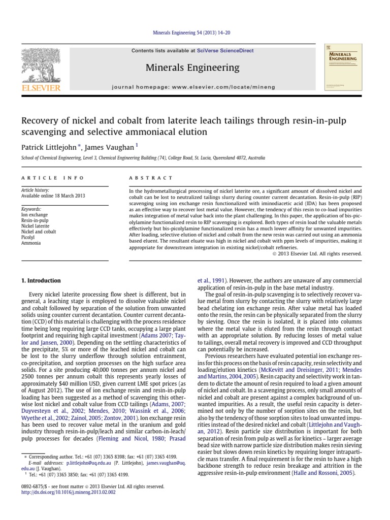 Recovery of Nickel and Cobalt From Laterite Leach Tailings Through ...