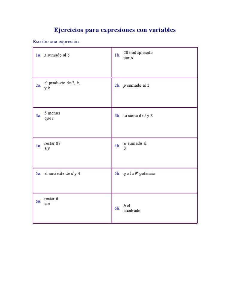 Ejercicios para Expresiones Con Variables | PDF | Enseñanza de matemática