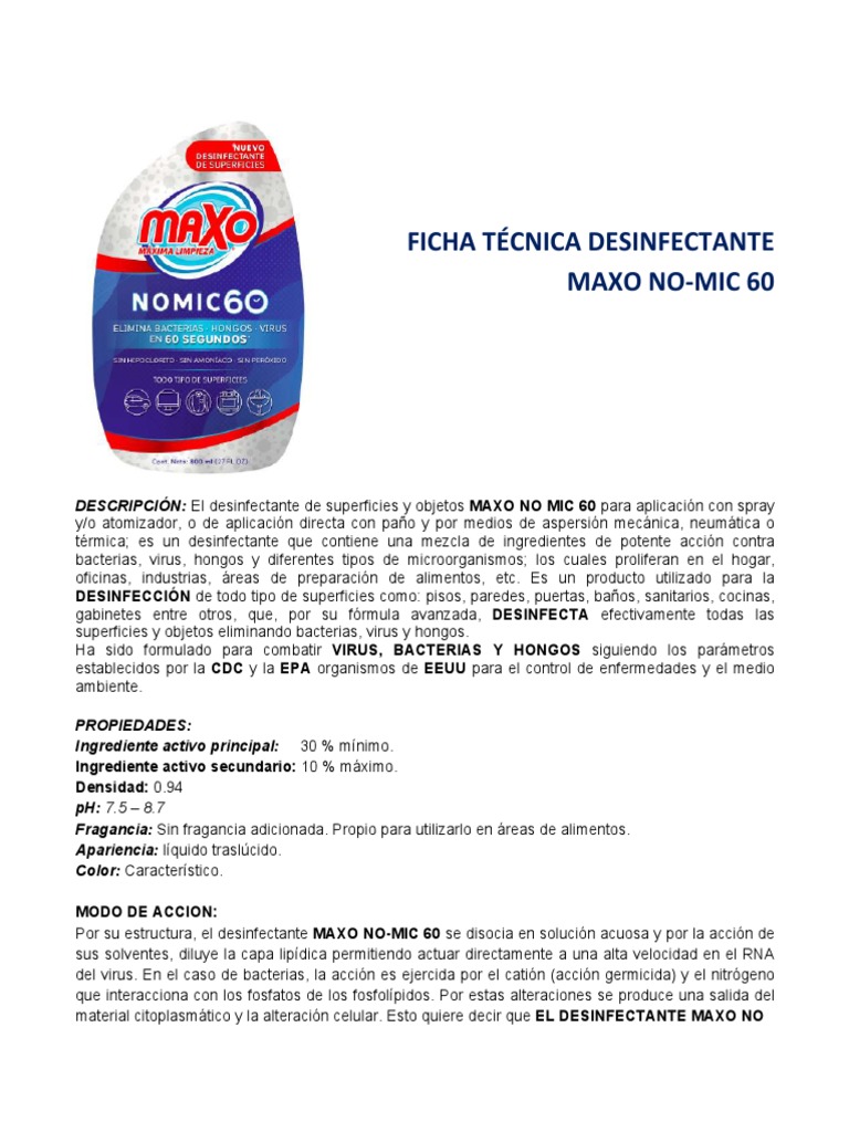 Ficha Tecnica Desinfectante Maxo Suministros PDF | PDF | Las bacterias | Virus