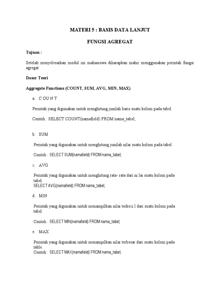 5 Basis Data Lanjut Fungsi Agregat | PDF | Teknologi & Rekayasa