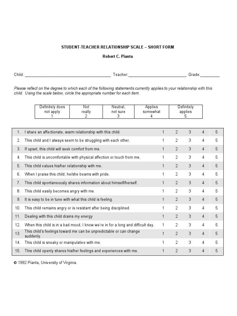 Student-Teacher Relationship Scale - Short Form Robert C. Pianta ...