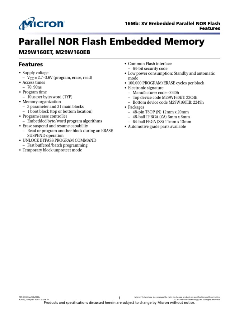 Parallel NOR Flash Embedded Memory: M29W160ET, M29W160EB Features | PDF ...