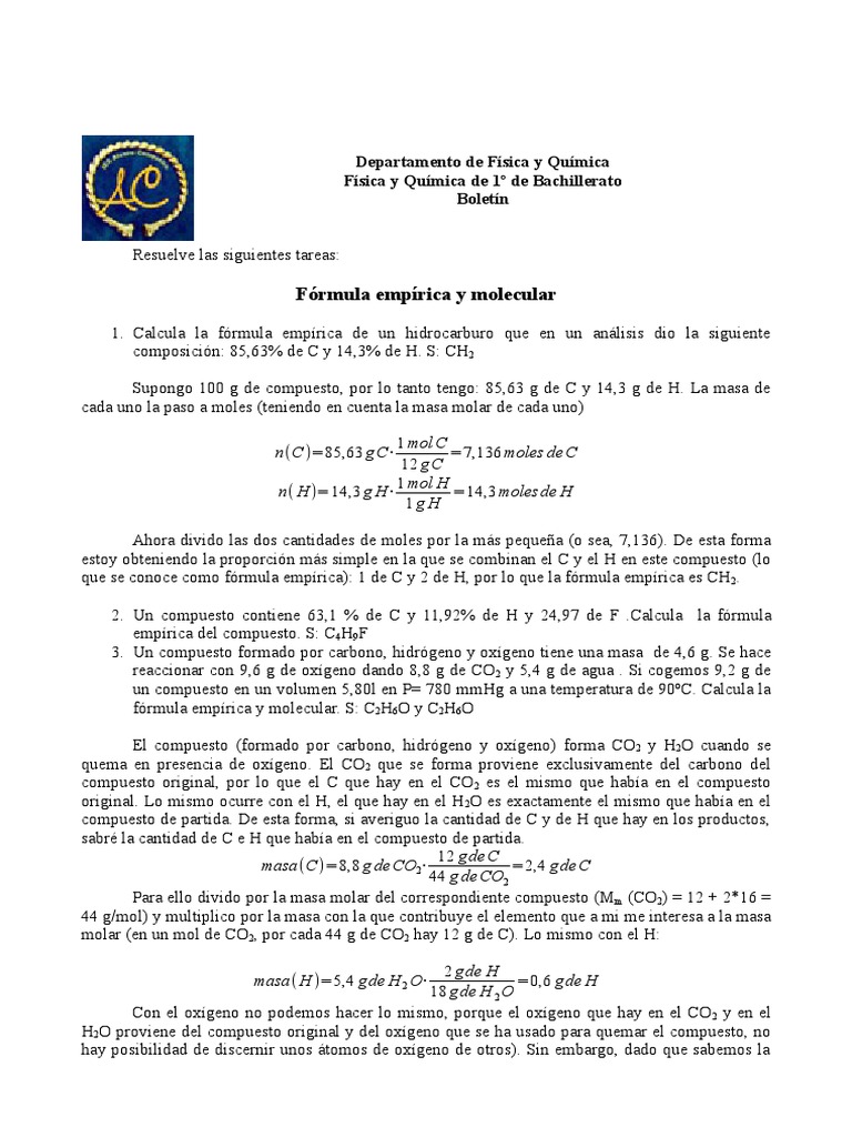Boletin Form Emp y Molec Gases y Disol - Ejemplos Resueltos | PDF ...
